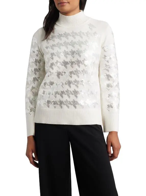 Anne Klein Sequin Houndstooth Mock Neck Sweater - White Dove