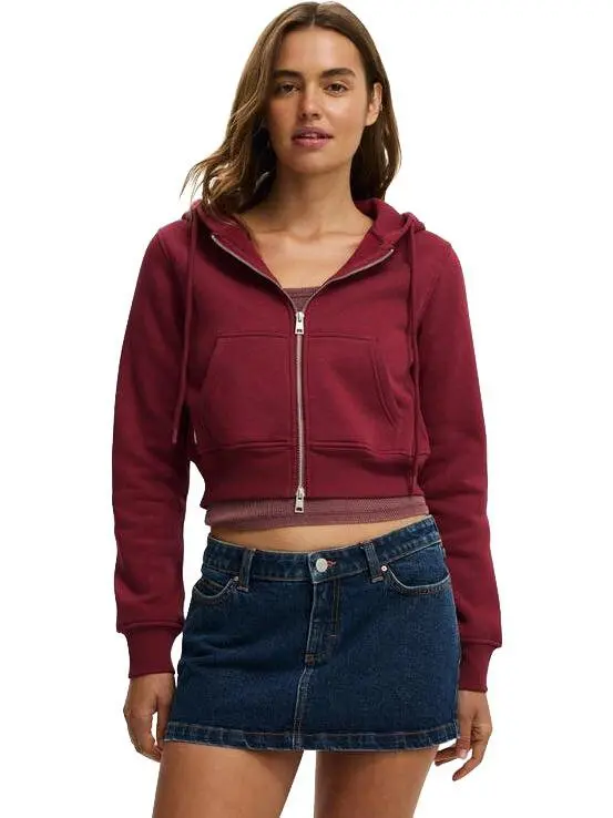 COTTON ON Premium Cropped Zip Through Hoodie - Cherry Wood
