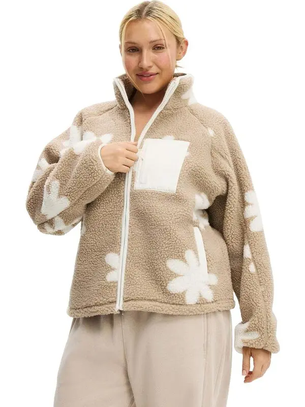 Cotton:on Active Trail Soft Fleece Zip Through - Allspice Coconut Milk Flower