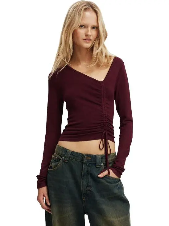 COTTON ON Asymmetric Ruched Knit Top - Deep Pomegranate