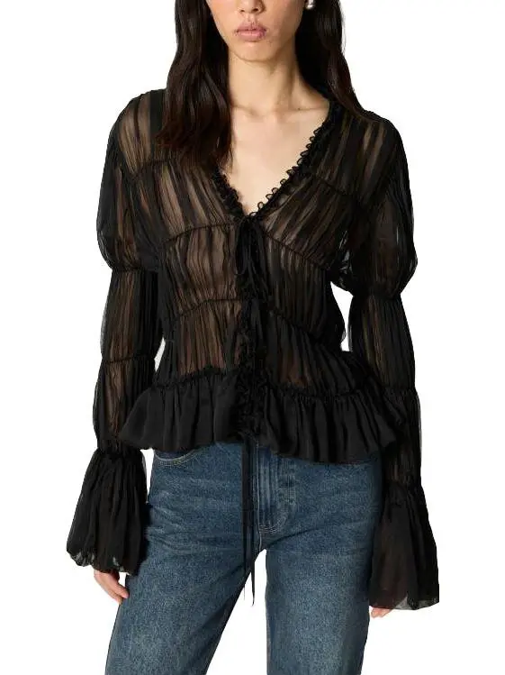 NOCTURNE Ruched Sheer Blouse - Black