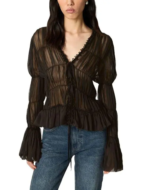 NOCTURNE Ruched Sheer Blouse - Brown