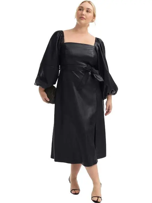 JUNE + VIE Faux Leather Midi Dress With Puff Sleeves - Black Onyx