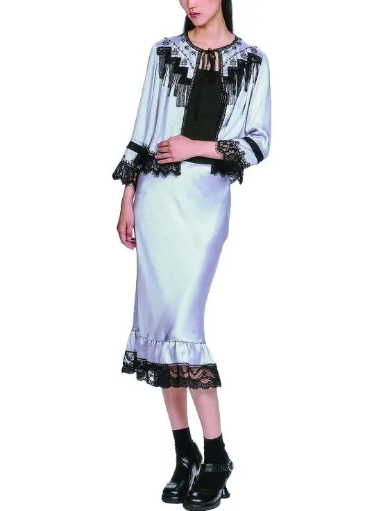 Anna Sui Midi Satin Lace Skirt - Silver