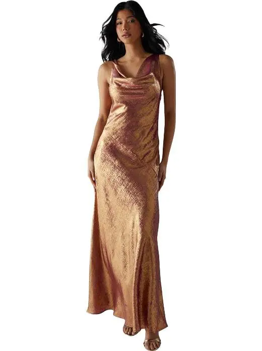 WAREHOUSE Metallic Lamé Cowl Neck Maxi Dress - Magenta