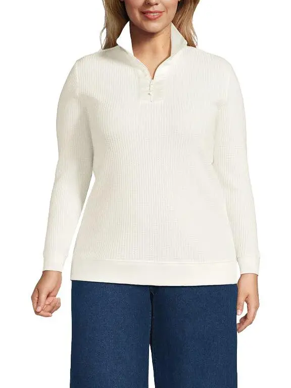 LANDS' END Long Sleeve Waffle Quarter Zip Pullover - Ivory