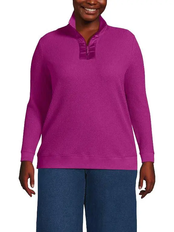 LANDS' END Long Sleeve Waffle Quarter Zip Pullover - Light Raspberry Sorbet