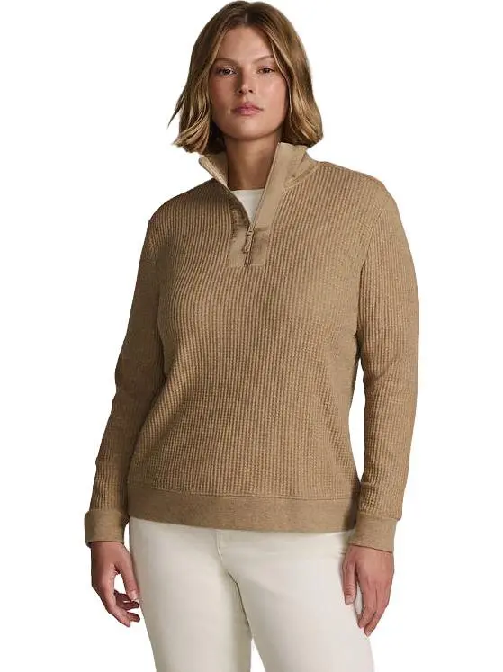 LANDS' END Long Sleeve Waffle Quarter Zip Pullover - Light Toffee Heather