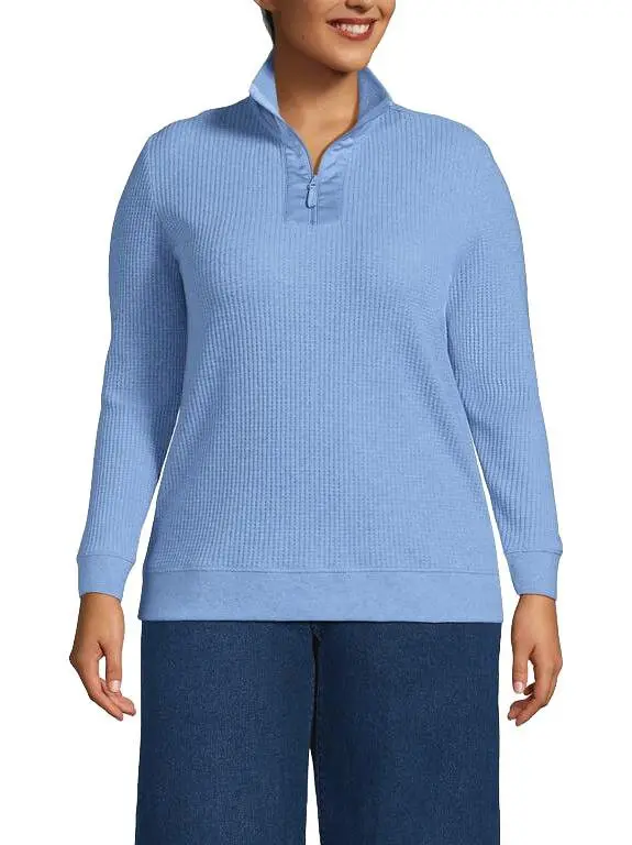 LANDS' END Long Sleeve Waffle Quarter Zip Pullover - Light True Blue Heather