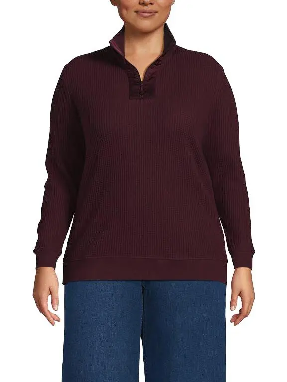 LANDS' END Long Sleeve Waffle Quarter Zip Pullover - Lush Burgundy