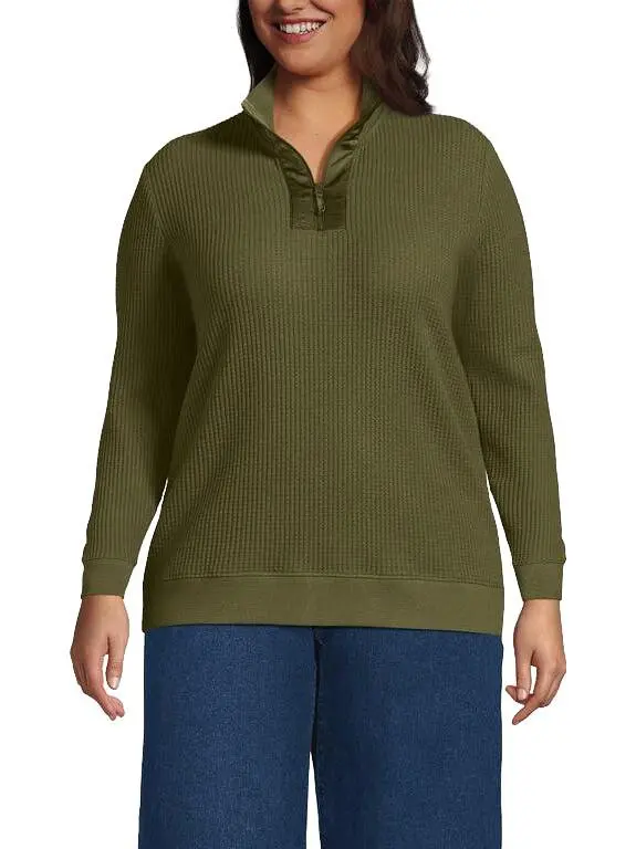 LANDS' END Long Sleeve Waffle Quarter Zip Pullover - Olive Drab