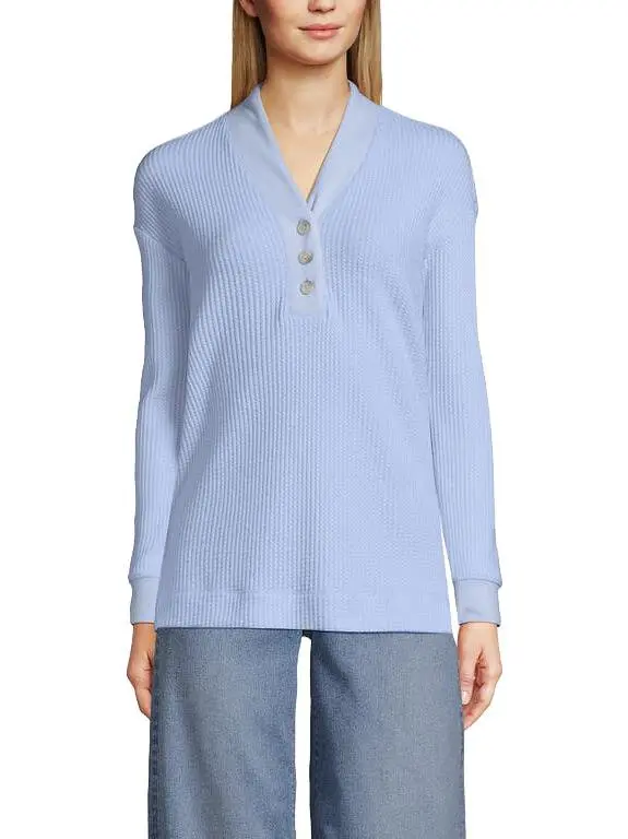 LANDS' END Long Sleeve Waffle Henley - Clearlake Blue