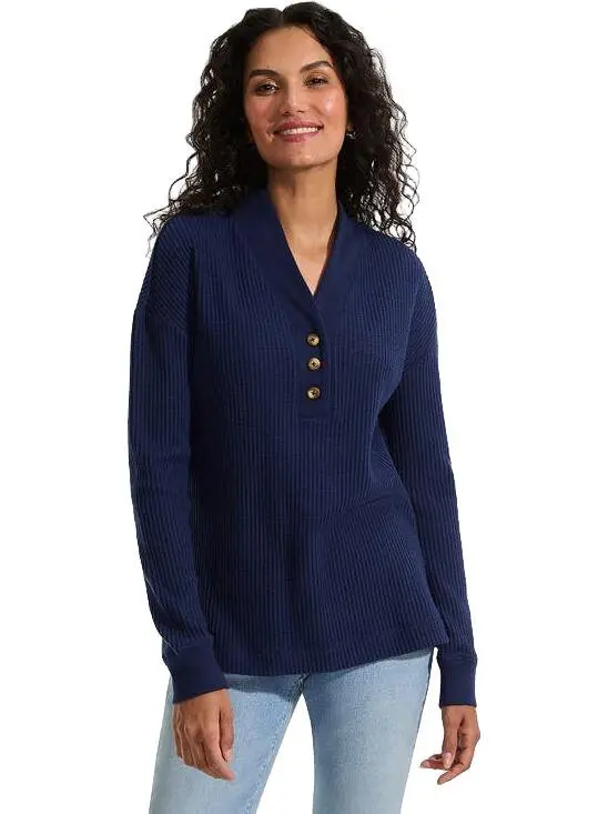 LANDS' END Long Sleeve Waffle Henley - Deep Sea Navy