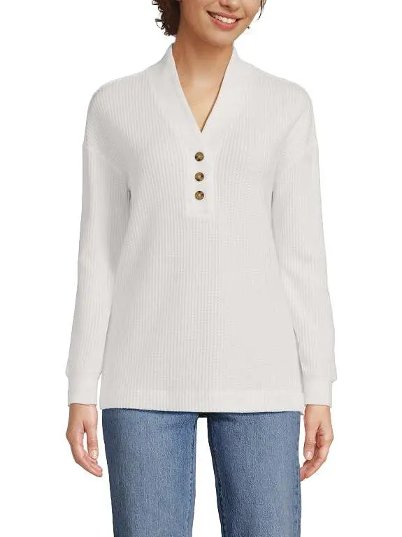 LANDS' END Long Sleeve Waffle Henley - Ivory