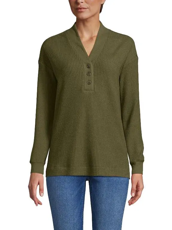 LANDS' END Long Sleeve Waffle Henley - Olive Drab