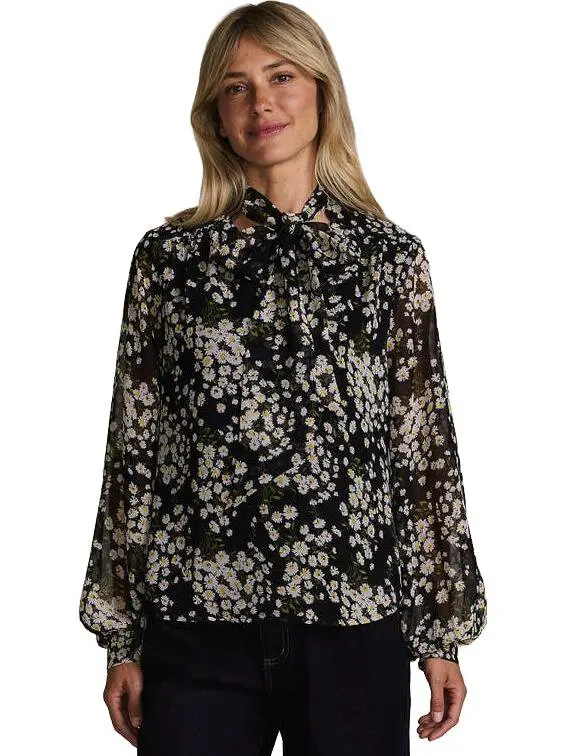 LANDS' END Chiffon Tie Neck Blouse - Black Tossed Daisies