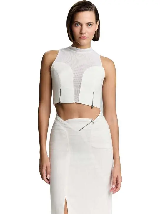 JENDUE US Crop Top With Sheer Mock Neck And Bustier Detailing - White