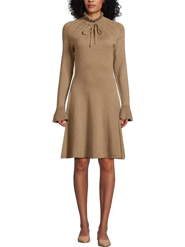 LANDS' END Fine Gauge Cotton Fit And Flare Sweater Dress - Vicuna Heather
