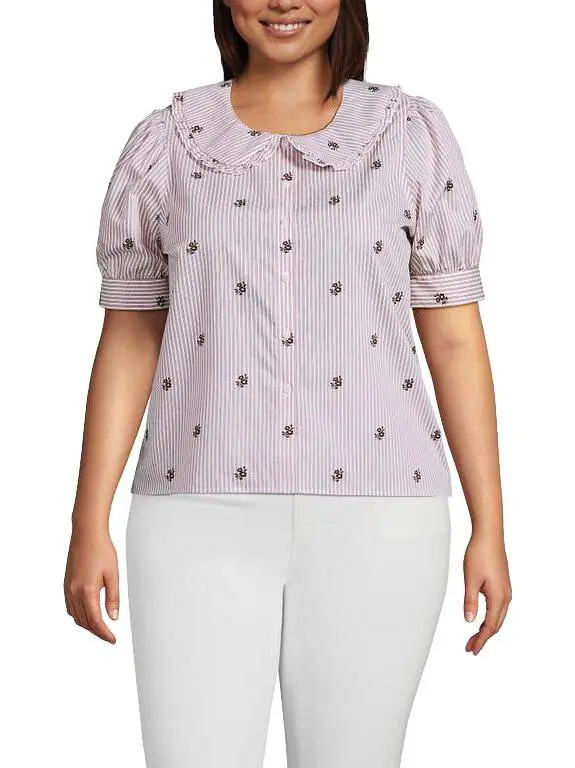 LANDS' END Easy Care Puff Sleeve Statement Collar Shirt - White/brown Floral Stripe