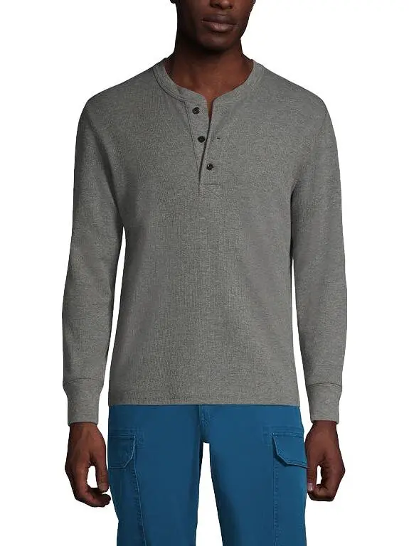 LANDS' END Long Sleeve Thermal Waffle Henley - Pewter Heather