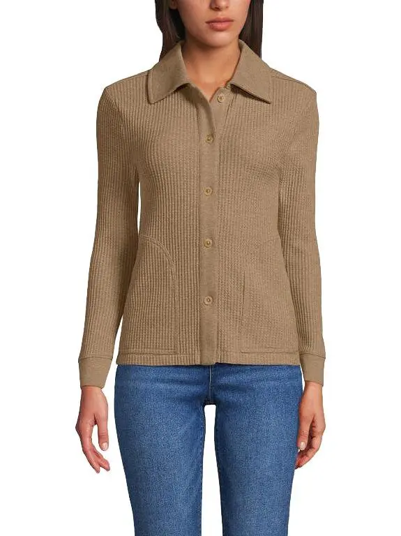 LANDS' END Waffle Knit Shirt Jacket - Light Toffee Heather