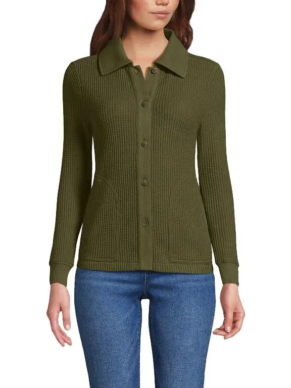 LANDS' END Waffle Knit Shirt Jacket - Olive Drab