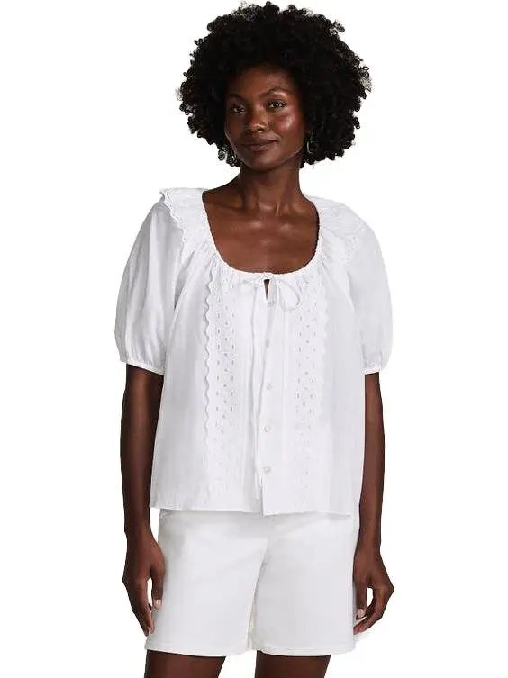 LANDS' END Voile Puff Elbow Sleeve Embroidered Blouse - White