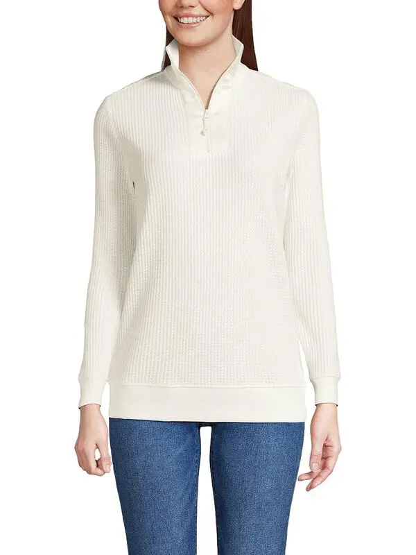 LANDS' END Long Sleeve Waffle Quarter Zip Pullover - Ivory