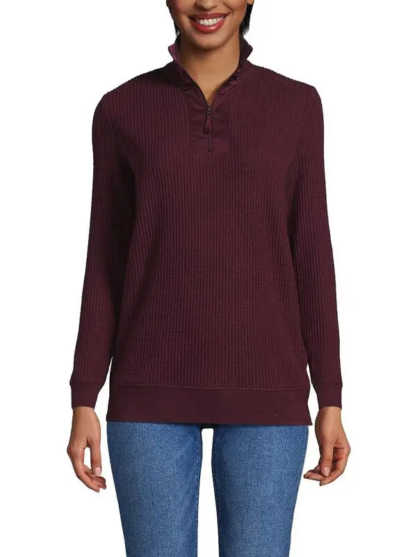 LANDS' END Long Sleeve Waffle Quarter Zip Pullover - Lush Burgundy