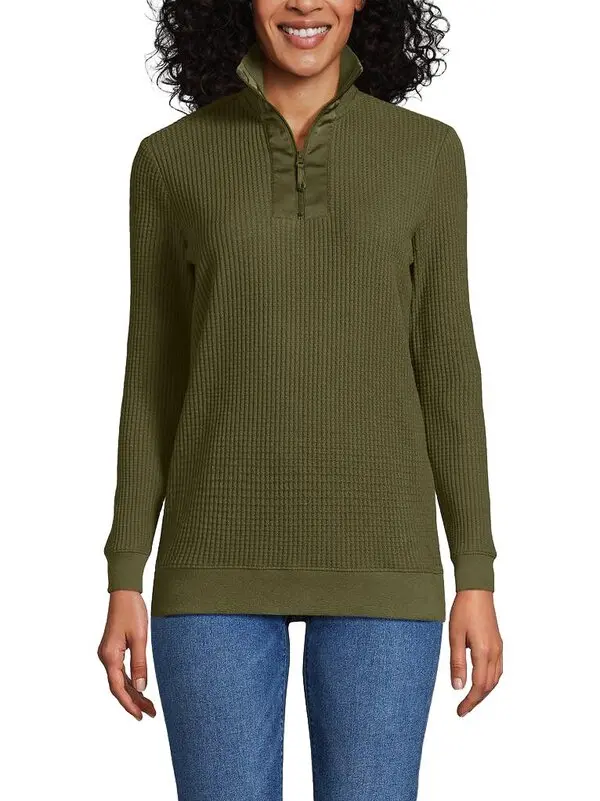 LANDS' END Long Sleeve Waffle Quarter Zip Pullover - Olive Drab