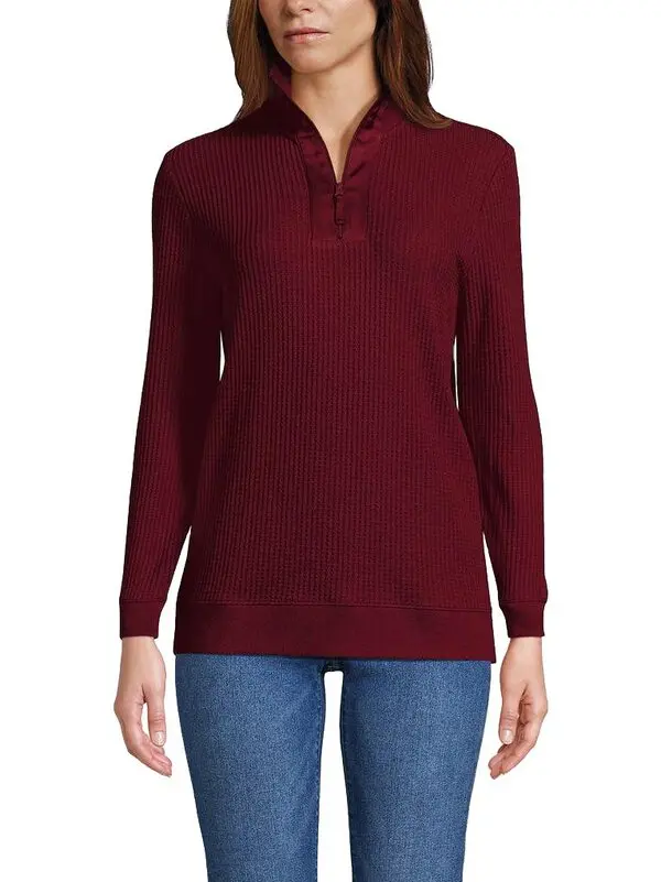 LANDS' END Long Sleeve Waffle Quarter Zip Pullover - Regal Garnet