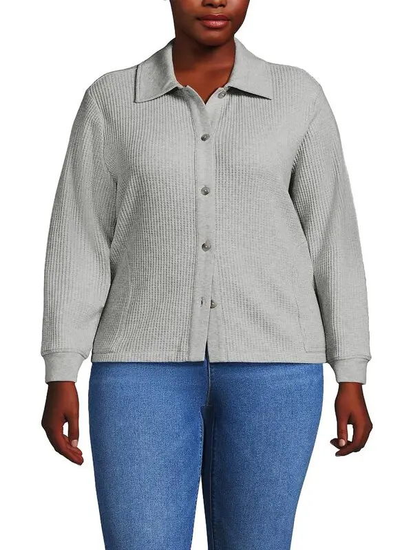 LANDS' END Long Sleeve Waffle Collared Shacket - Gray Heather