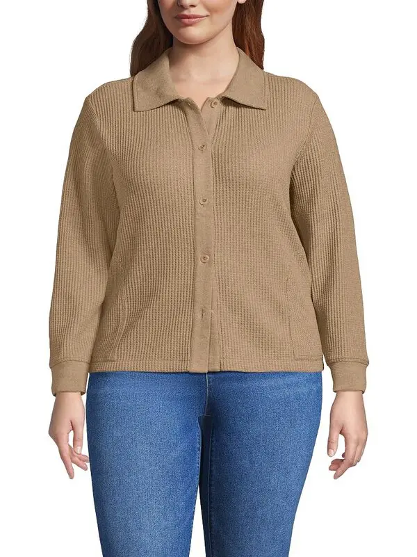LANDS' END Long Sleeve Waffle Collared Shacket - Light Toffee Heather