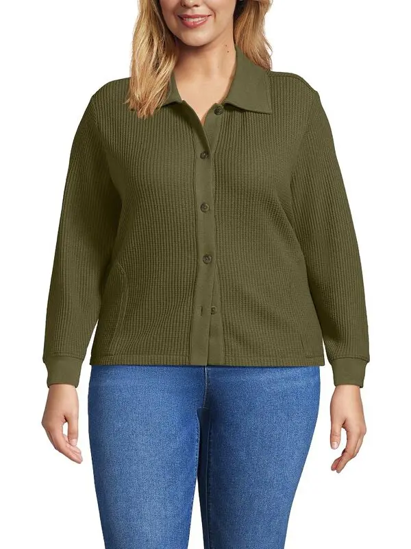 LANDS' END Long Sleeve Waffle Collared Shacket - Olive Drab