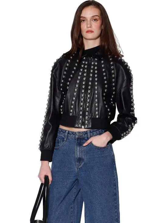Walter Baker Ilaria Studded Leather Bomber Jacket - Black W/silver