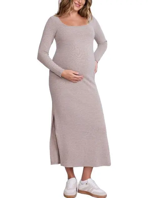 Motherhood Maternity Square Neck Rib Knit Maxi Dress - Oatmeal Stripe