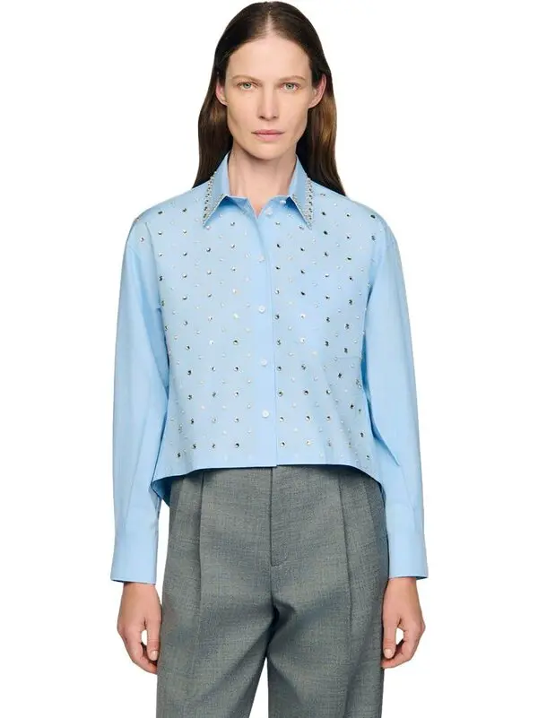 Sandro Rhinestone Embellished Cropped Shirt - Sky Blue