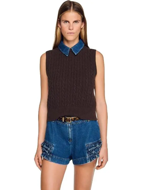 Sandro Cable Knit Jumper With Denim Collar - Brown