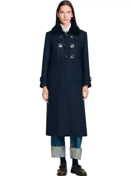 Sandro Long Coat With Removable Shearling Collar - Navy Blue