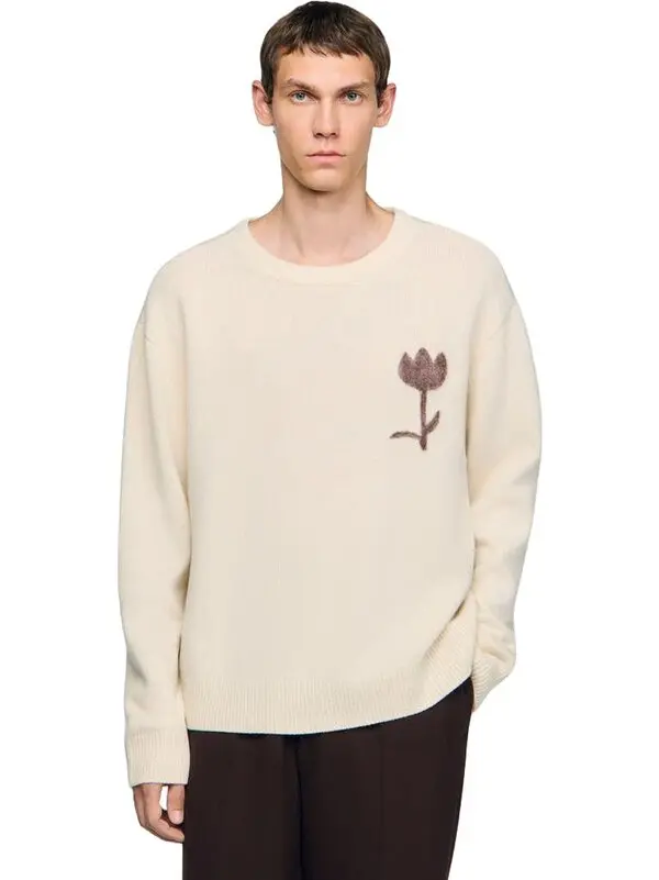 Sandro Wool Sweater With Flower Applique - Butter Cream