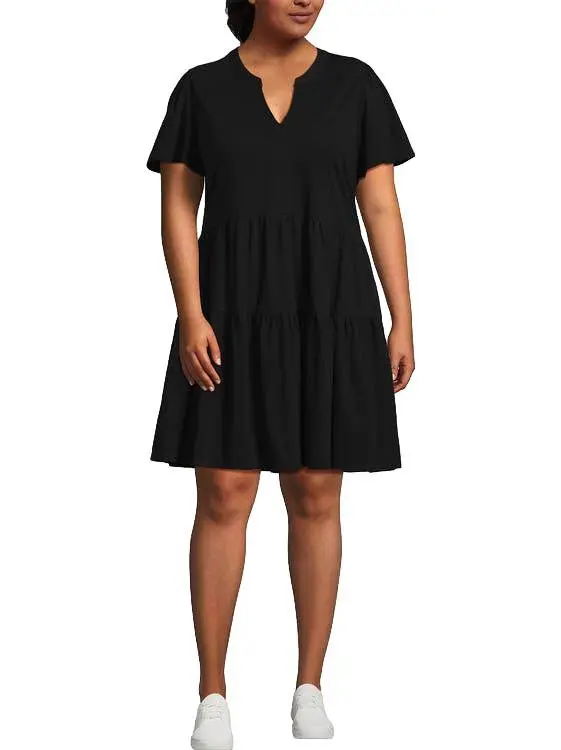 LANDS' END Cotton Jersey Tiered Mini Dress - Black