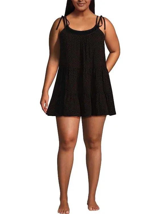 LANDS' END Cotton Gauze Metallic Tiered Mini Dress - Brown Leopard