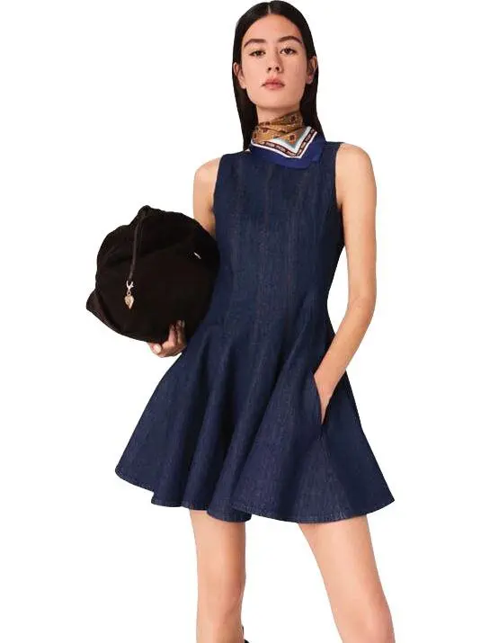Maje Mini Denim Ruffle Dress - Navy
