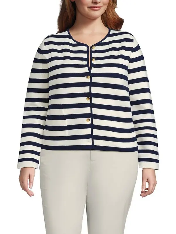LANDS' END Fine Gauge Cotton Milano Blazer Sweater - Fresh Ivory/navy Breton Stripe