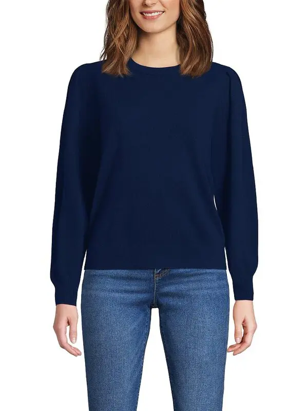 LANDS' END Cashmere Puff Sleeve Crew Neck Sweater - Deep Sea Navy