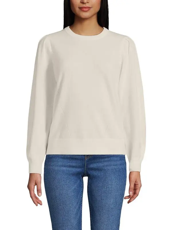 LANDS' END Cashmere Puff Sleeve Crew Neck Sweater - Fresh Ivory