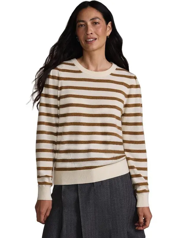 LANDS' END Cashmere Puff Sleeve Crew Neck Sweater - Ivory/camel Breton