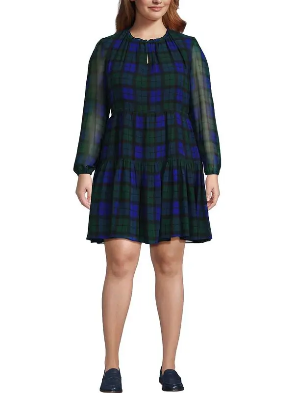 LANDS' END Chiffon Adjustable Dress - Cobalt Blackwatch Plaid