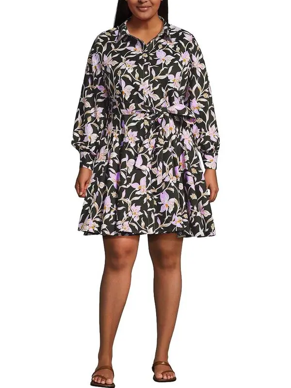 LANDS' END Poplin Button-front Shirred Dress With Godets - Forest Moss Tropic Floral