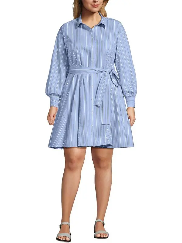 LANDS' END Poplin Button-front Shirred Dress With Godets - Light Sea Blue/white Stripe
